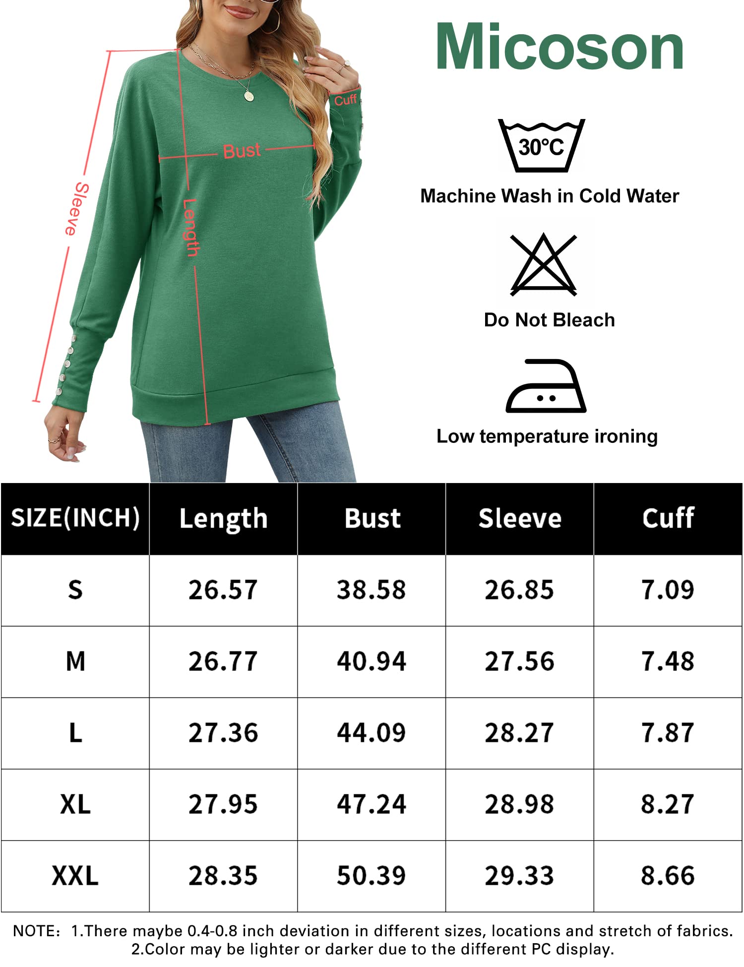Micoson Casual Fall Women Crewneck Long Sleeve Shirts Solid Color Button Cuff Pullover Cute Tops Sweatshirt Green S