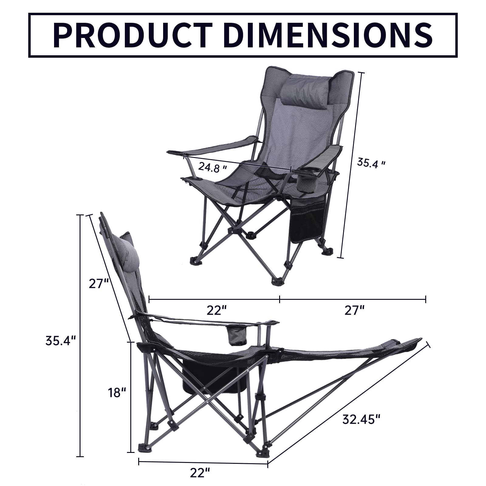 MYCOQU Camping Lounge Chair, Oversized Folding Reclining Camping Chair, Portable Recliner with Footrest, Carry Bag and Cup Holder, 320 Ibs Weight Capacity(Grey)