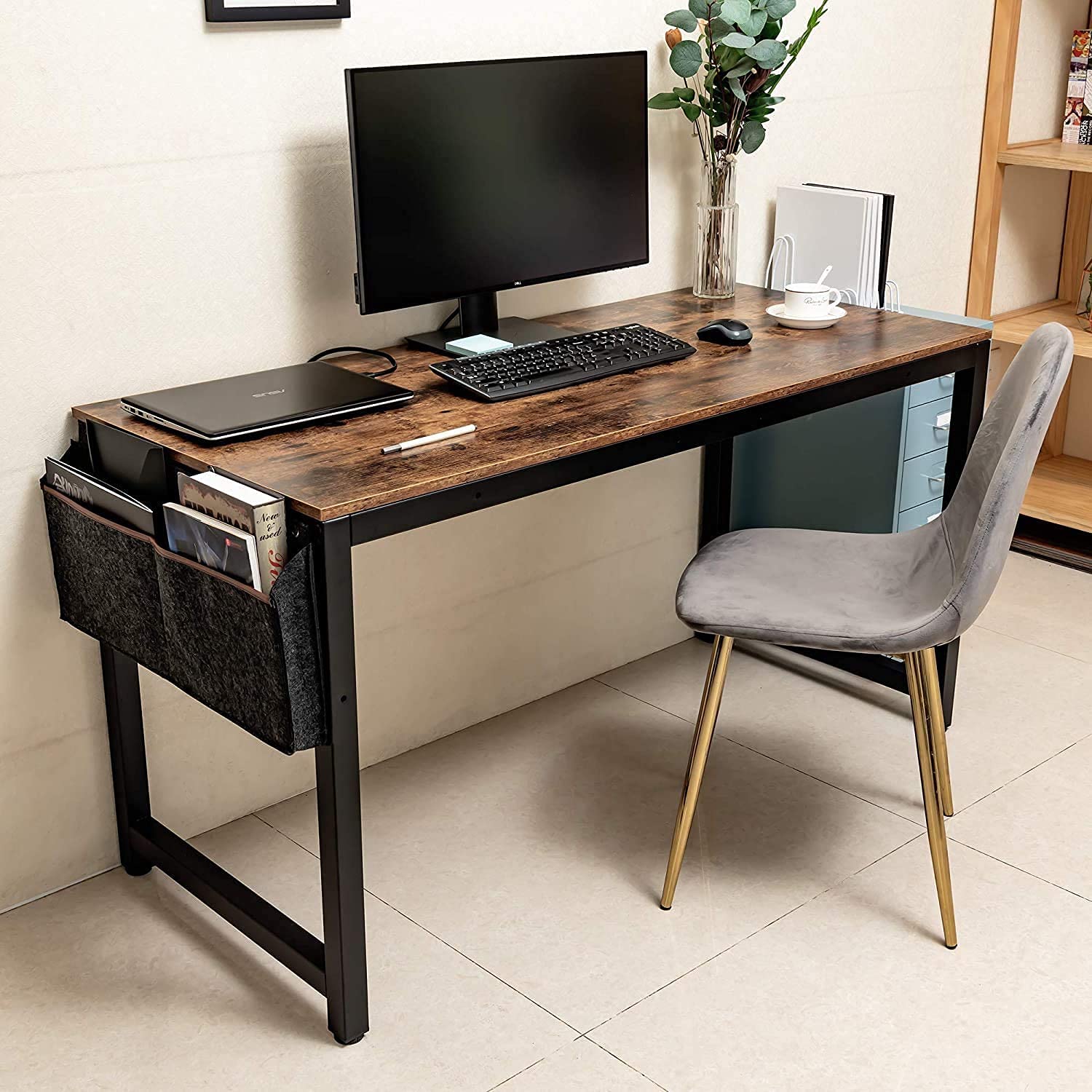 KIKIBRO Computer Desk, 39.4" Study Writing Table with Headphone Hook Storage Bag for Home Office Students, Industrial Simple Style PC Desk, Black Metal Frame, Rustic
