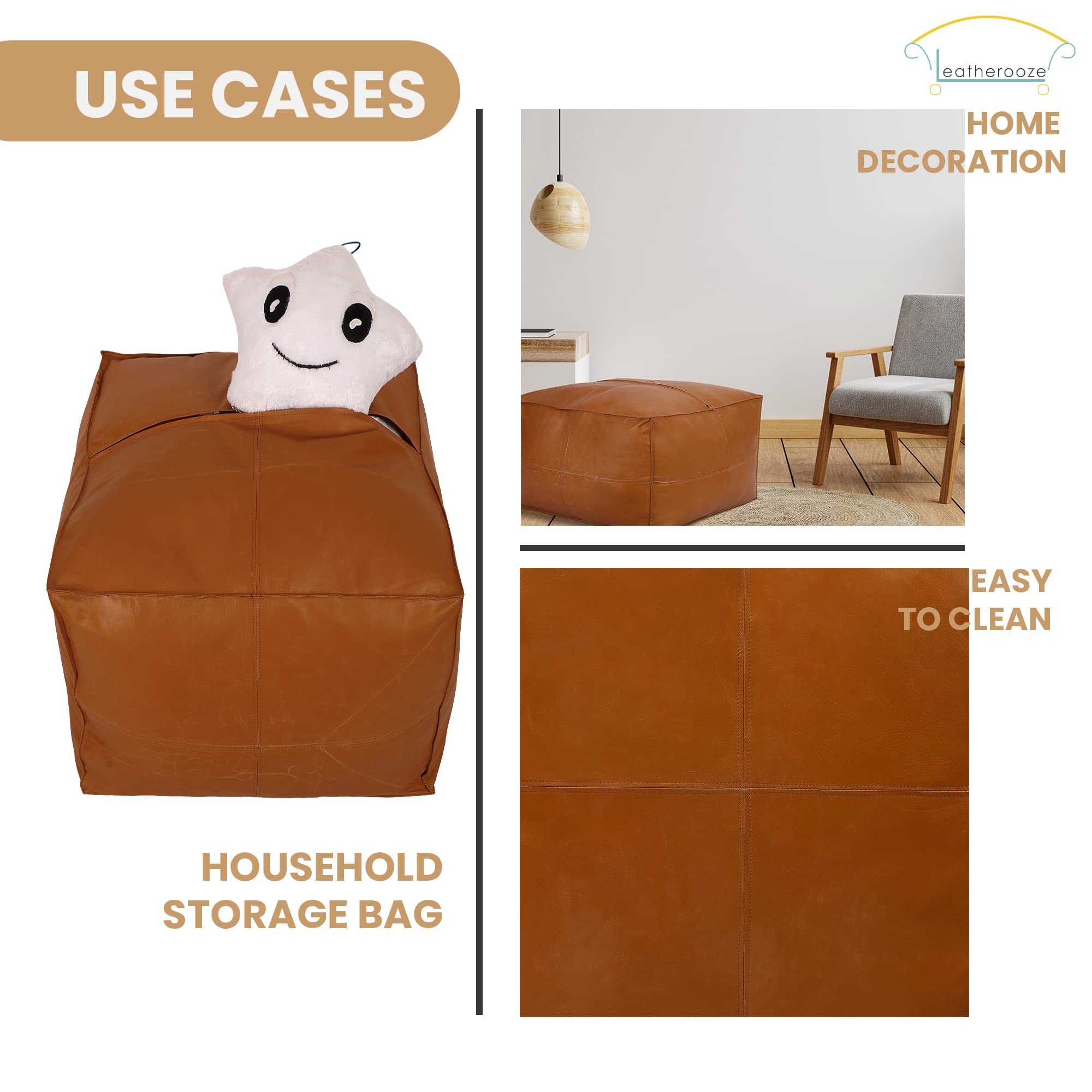 LEATHEROOZE Amazing Square unstuffed Ottoman Pouffe Moroccan Leather, Ottoman Square Pouf, Light tan Handmade Footstool Square pouffe Moroccan (44 * 44 * 18 inch)