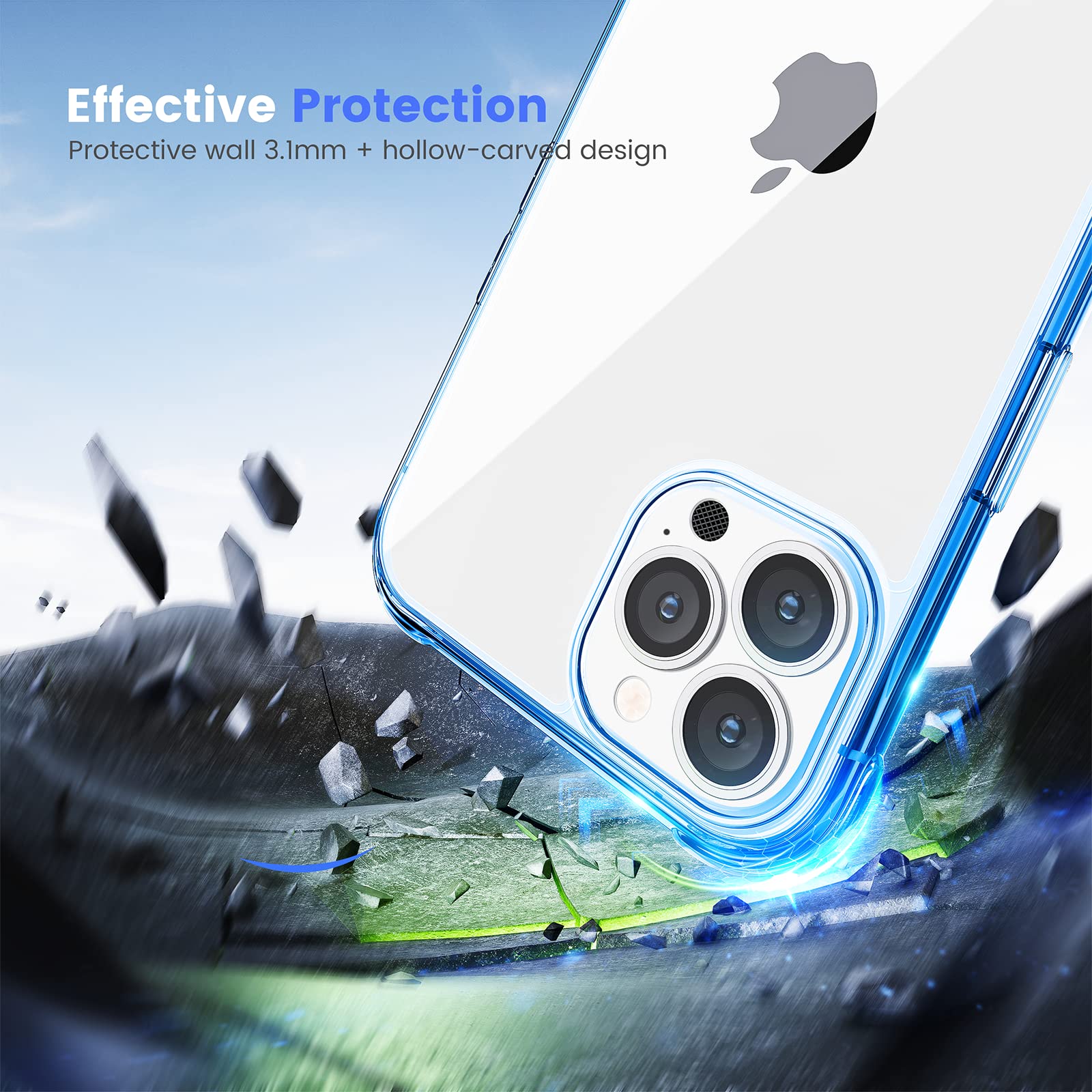 Mkeke for iPhone 13 Pro Case Clear, Anti-Yellow Shockproof 13 Pro Crystal Clear Case with Bumper Slim Fit for iPhone 13 Pro 2021 Blue