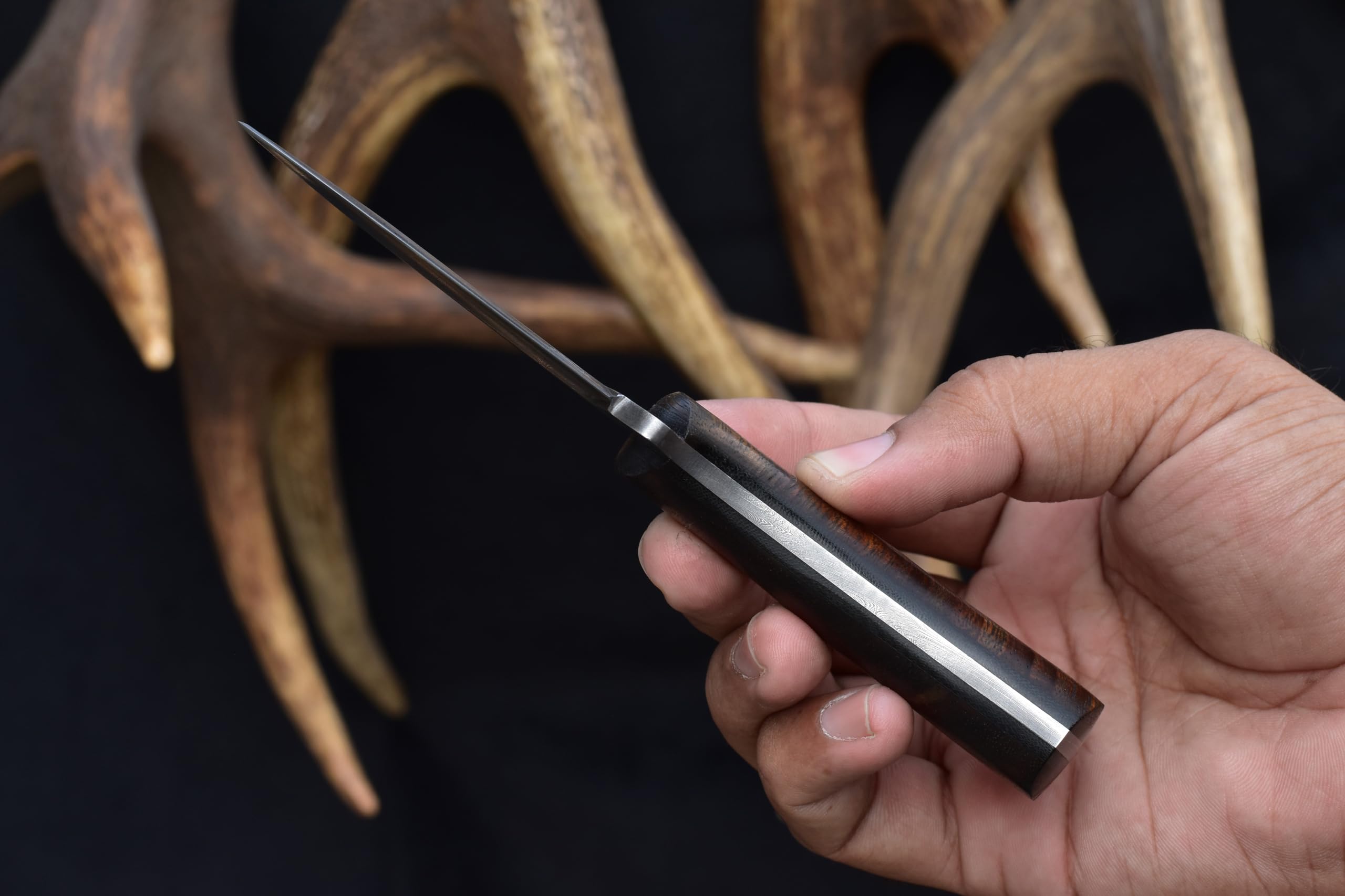 Knives Ranch Fixed Blade EDC Knife with Horizontal Carry Sheath β Small Hunting Knife β Damascus Skinning Knife β Cowboy Knife with Leather Sheath Stabilized Rosewood Handle (4402-IRW)