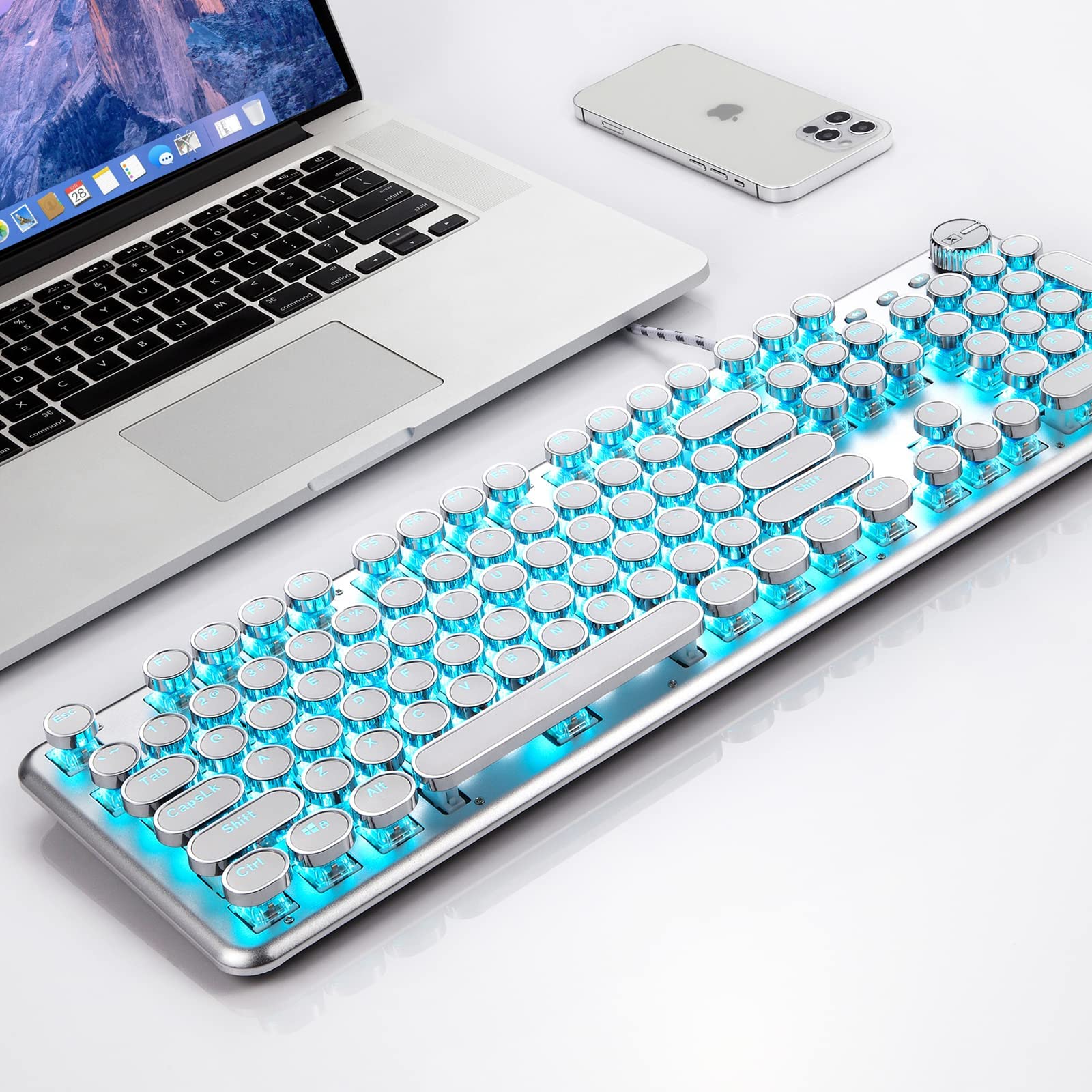 LIOURFE Typewriter Style Mechanical Gaming Keyboard with Blue Backlit 108-Key Blue Switch Retro Round Keycap, Silver