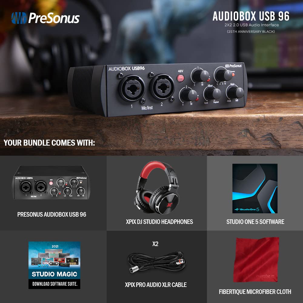 Presonus AudioBox 96 Ultra-Compact 2x2 Type-C USB Audio/MIDI Interface Bundle w/ Studio One Artist Software + Studio Magic plug-in Suite + Pro DJ Headphones + Pro Audio XLR Cables and more