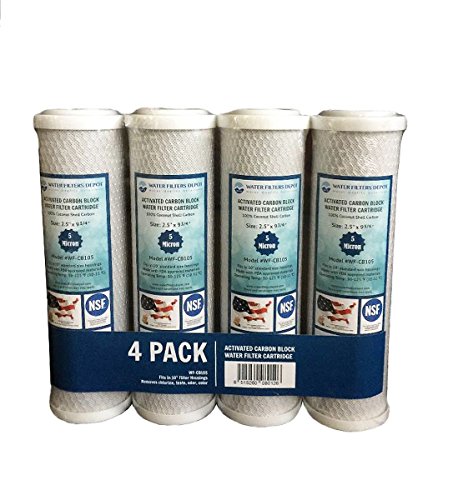 WFD, WF-CB105 2.5-inch x 9-3/4-inch Activated Carbon Block Water Filter Cartridge, fits in 10-inch Standard Size housings of undersink RO or Filtration Systems (4 Pack, 5 Micron)