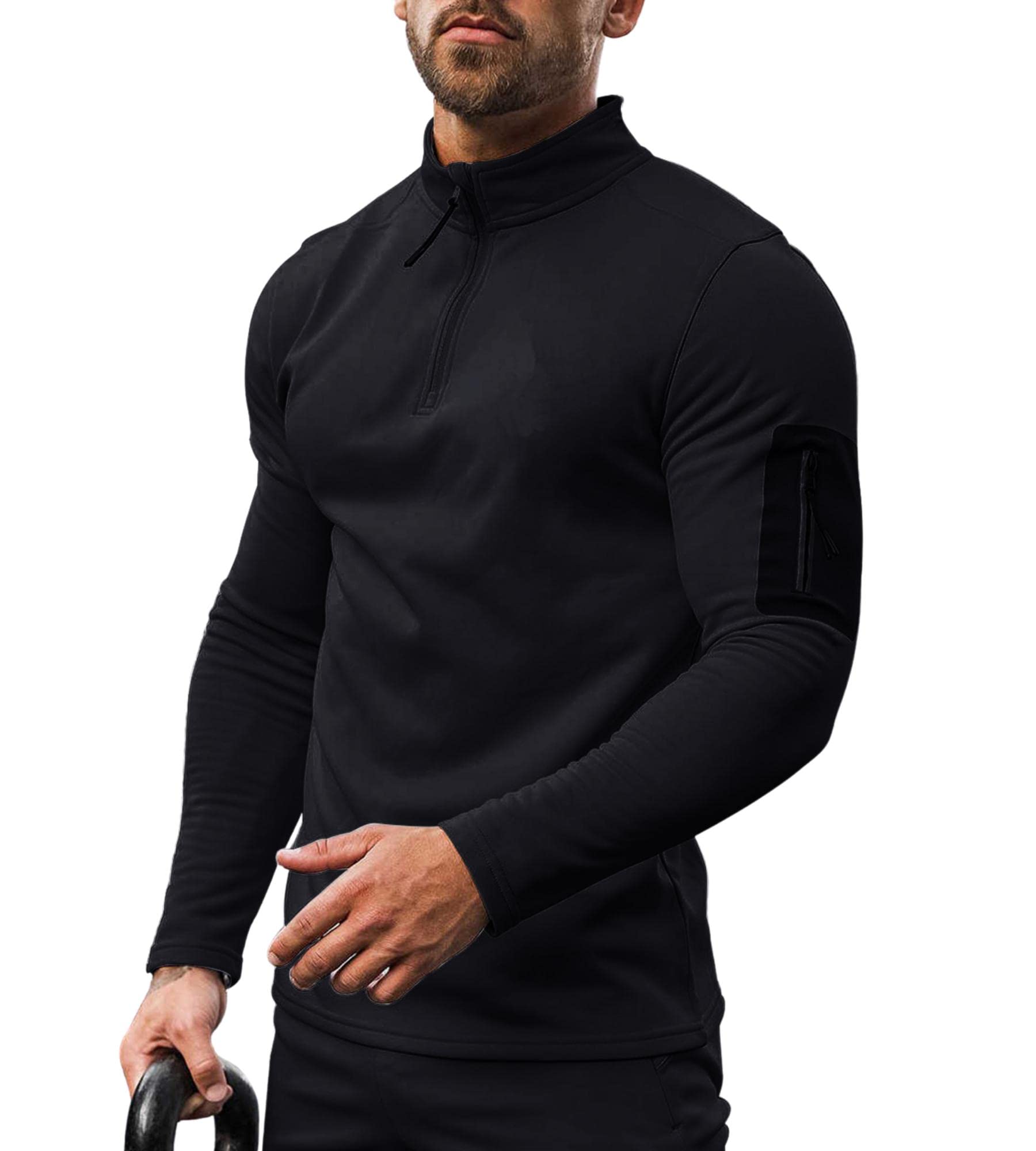 Mens Quarter Zip Athletic Pullover Long Sleeve Dry Fit Active Sports Sweatshirt Running Outdoor Shirts Black