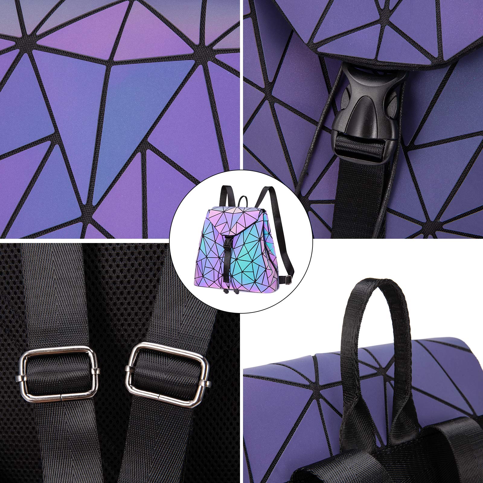 LOVEVOOK Geometric Luminous Backpack for Women Holographic Reflective Purses Crossbody Bag Wallet