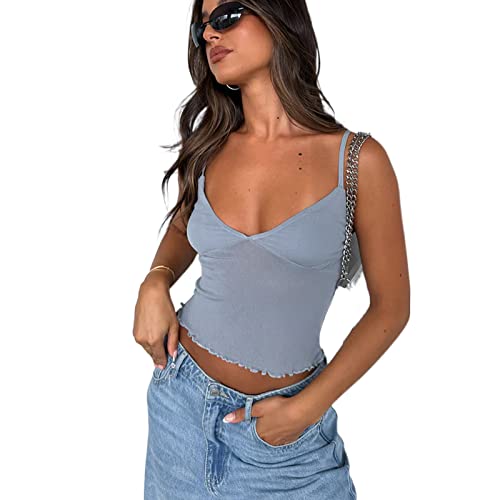 Y2k Sexy Cami Top Spaghetti Strap Lace Trim Sheer Mesh See Through Sleeveless Crop Tops Going Out Tank T Shirt (White Ruched, M)