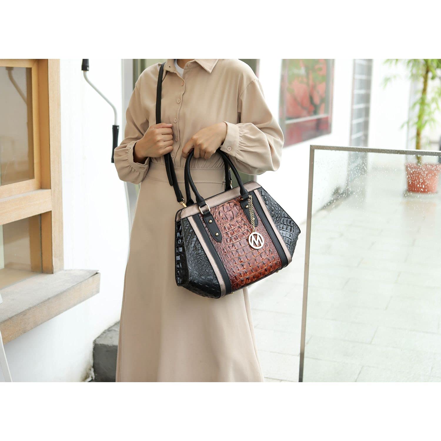 MKF satchel bags for women, Featuring a faux crocodile-embossed finish crossover handbag, shoulder side messenger bag Beige
