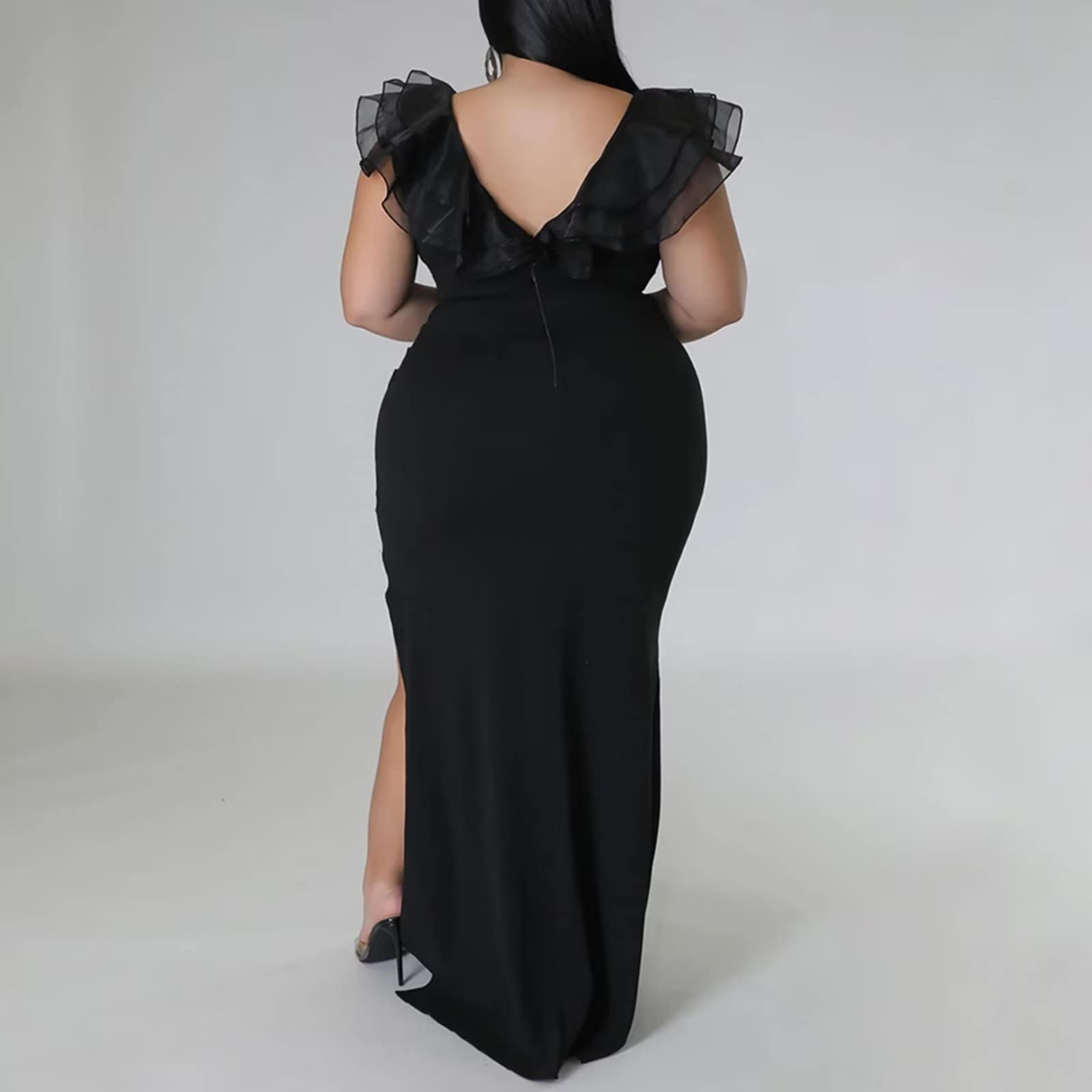 IyMoo Women's Sexy Plus Size Bodycon V Neck Ruffle Mesh Sleeve Backless Cocktail Evening Mixi Dresses Black 4XL