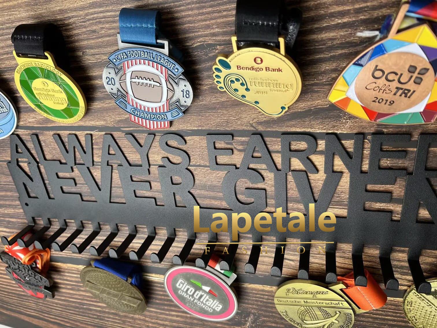 Lapetale Fashion Always Earned Never Given Medal Holder Hanger Display Rack Award Ribbon Organizer for Race,Running,Soccer,Gymnastic,Wrest