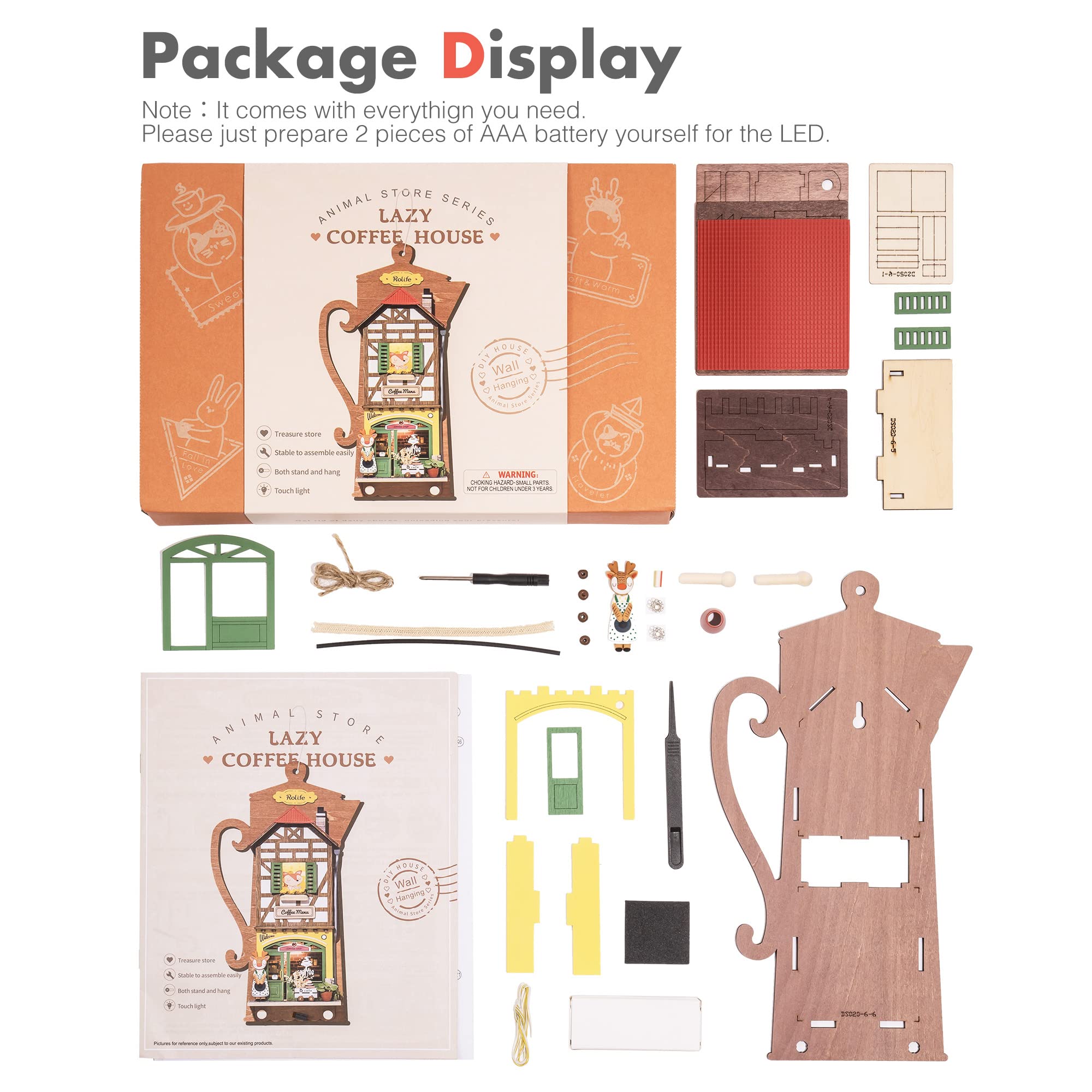 ROBOTIME DIY Miniature Dollhouse kit with LED Wall Hanging Mini House with Hooks Wooden Craft Kits Room Decor Housewarming Gift (Lazy Coffee House)