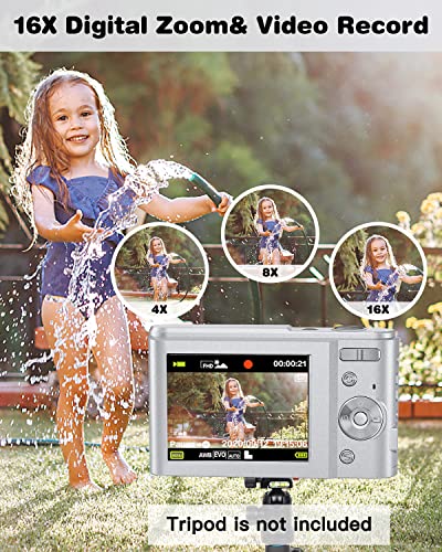 Lecran Digital Camera FHD 1080P 36.0 MP Vlogging Camera with 16X Digital Zoom, LCD Screen, Compact Portable Mini Cameras for Students, Teens, Kids (Silver Grey)