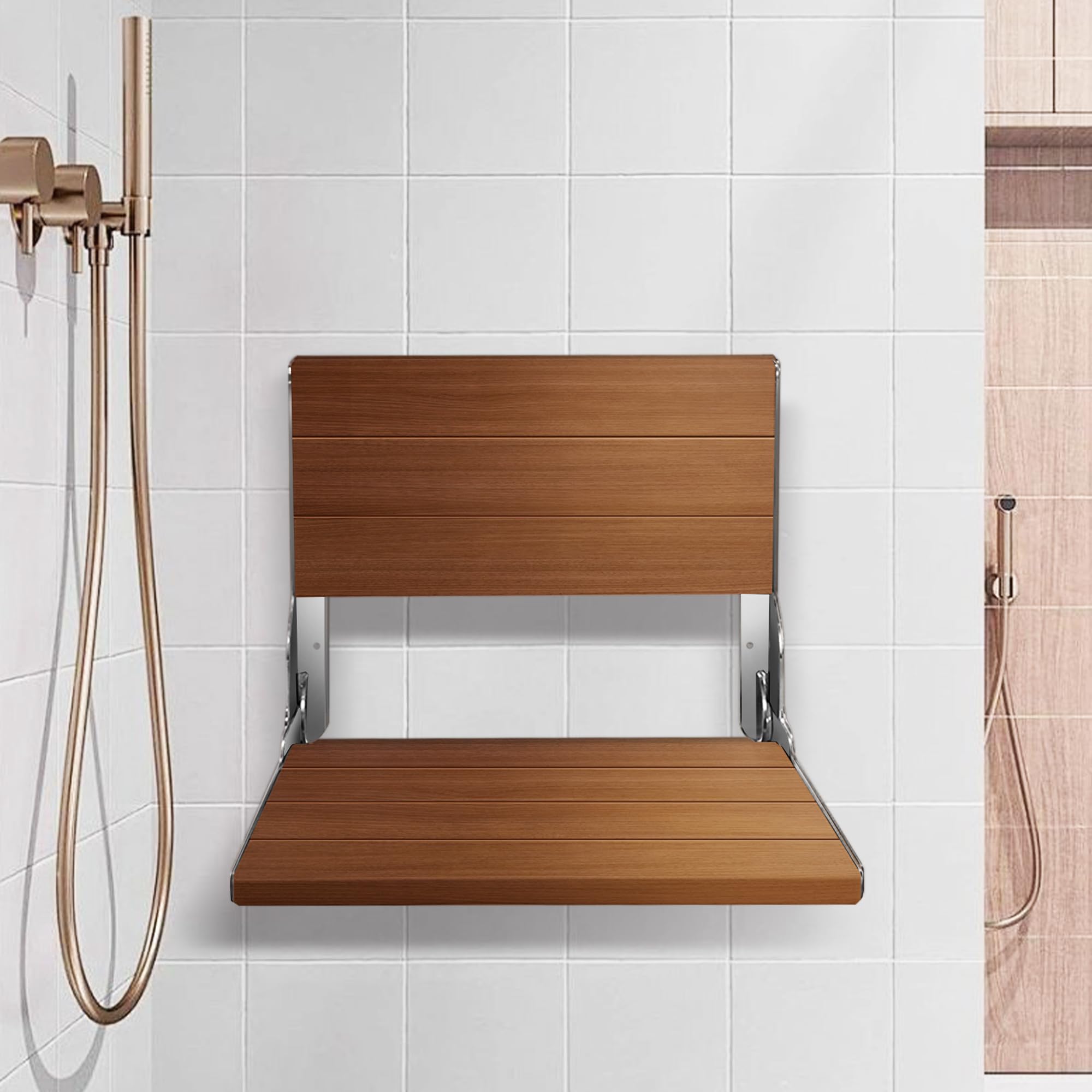 Teak Shower Bench 20'', Folding Shower Chair Wall Mounted, Wood Folding Shower Seat, Teak Shower Bench for Inside Shower, 500 lbs Capacity, Silver