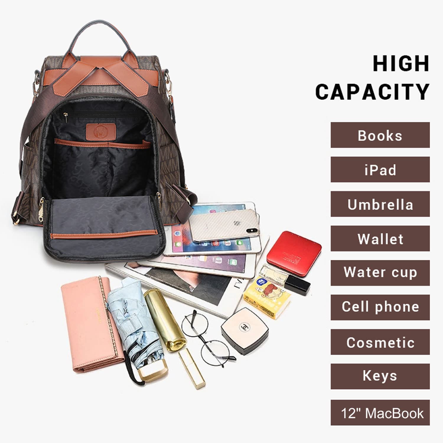 MKP Women Fashion Medium Anti-theft Backpack Purse (Coffee and Pink)