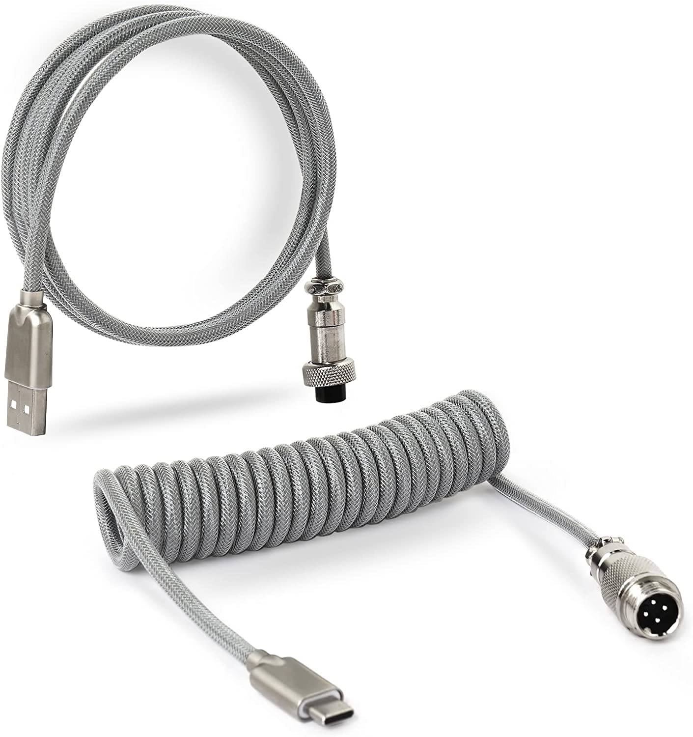 RK ROYAL KLUDGE Coiled Keyboard Cable, USB C Custom Cord for Mechanical Gaming Keyboard, Double-Sleeved Wire with Metal Aviator Connector, 5ft-Grey