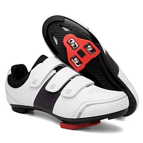 Men's Cycling Shoes Indoor Road Bike Shoes Reflective Hook-Ring Compatible Peloton with Delta Cleats,White,8.5