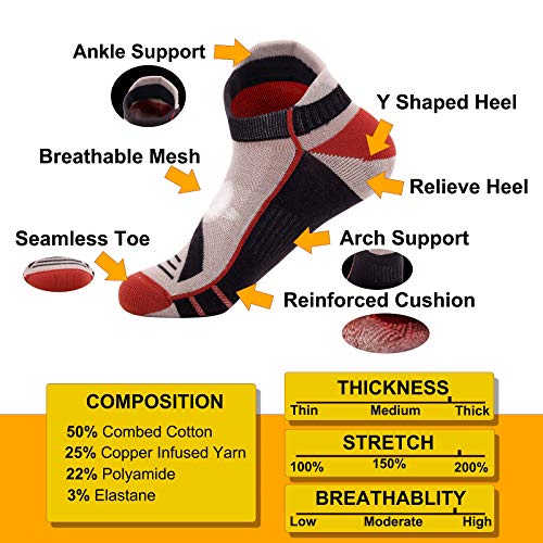 Kodal Copper Infused Running Socks No Smell Low Cut Ankle Tab Support Comfortable Cushion - 5 Pairs