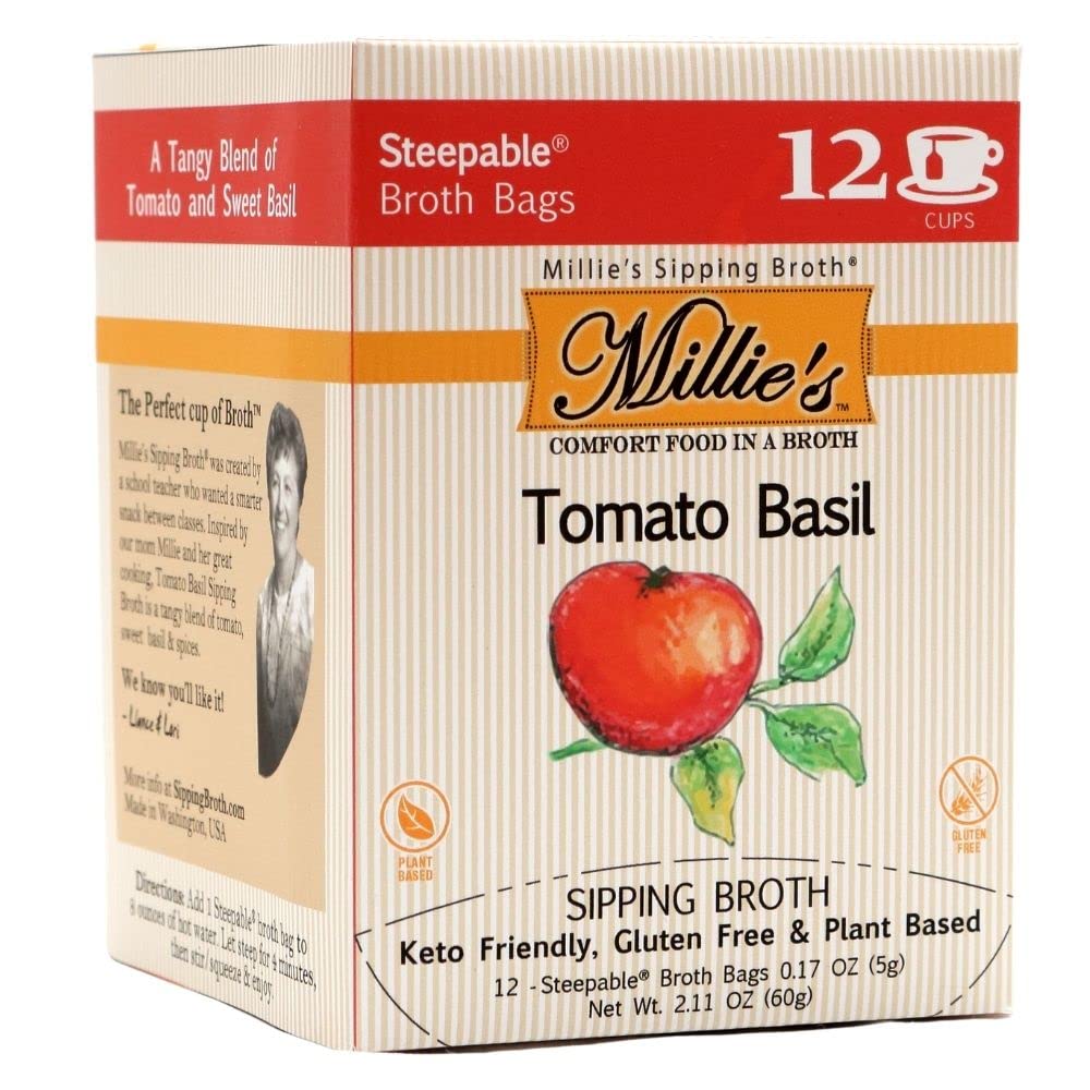 Millieâs Sipping Broth - Vegetable Broth -Natural-Gluten Free-Keto Friendly Tomato Basil 12 Count Box