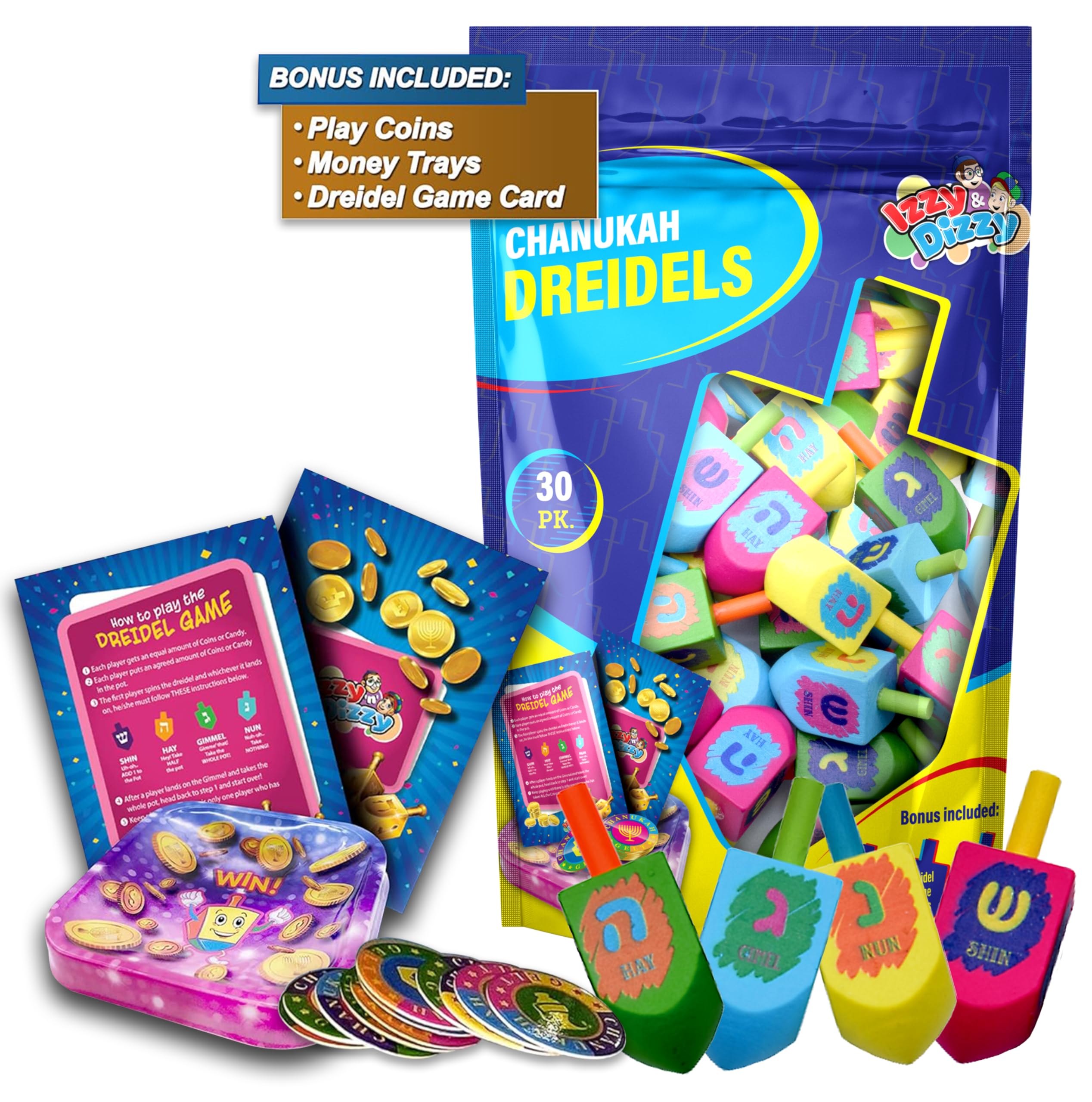 Izzy 'n' Dizzy Hanukkah Dreidels - Multi Colored Painted Wood Dreidel - 4 Pack Medium