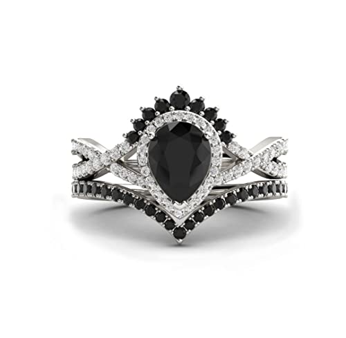 Natural Black Spinel Ring Pear Cut Wedding Engagement Ring Set, Black Spinel Ring, Rose Gold Black Stone vintage Ring, Anniversary Ring (White Gold, 9)