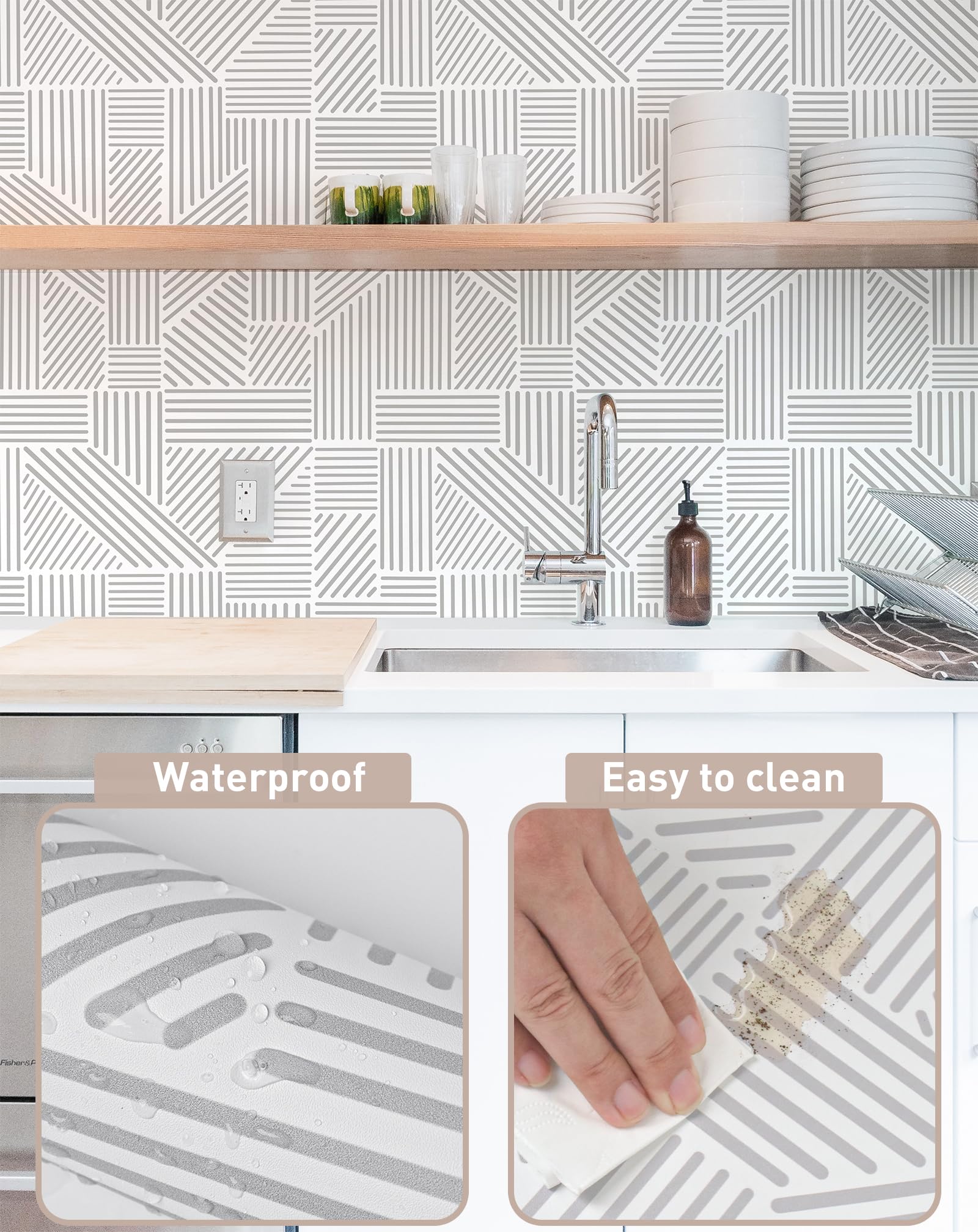 Tomete Gray and White Wallpaper Geometric Wallpaper Peel and Stick Wallpaper Boho Modern Geometric Contact Paper for Cabinets Removable Line Bathroom Wallpaper Waterproof Self-Adhesive17.3βΓ393β