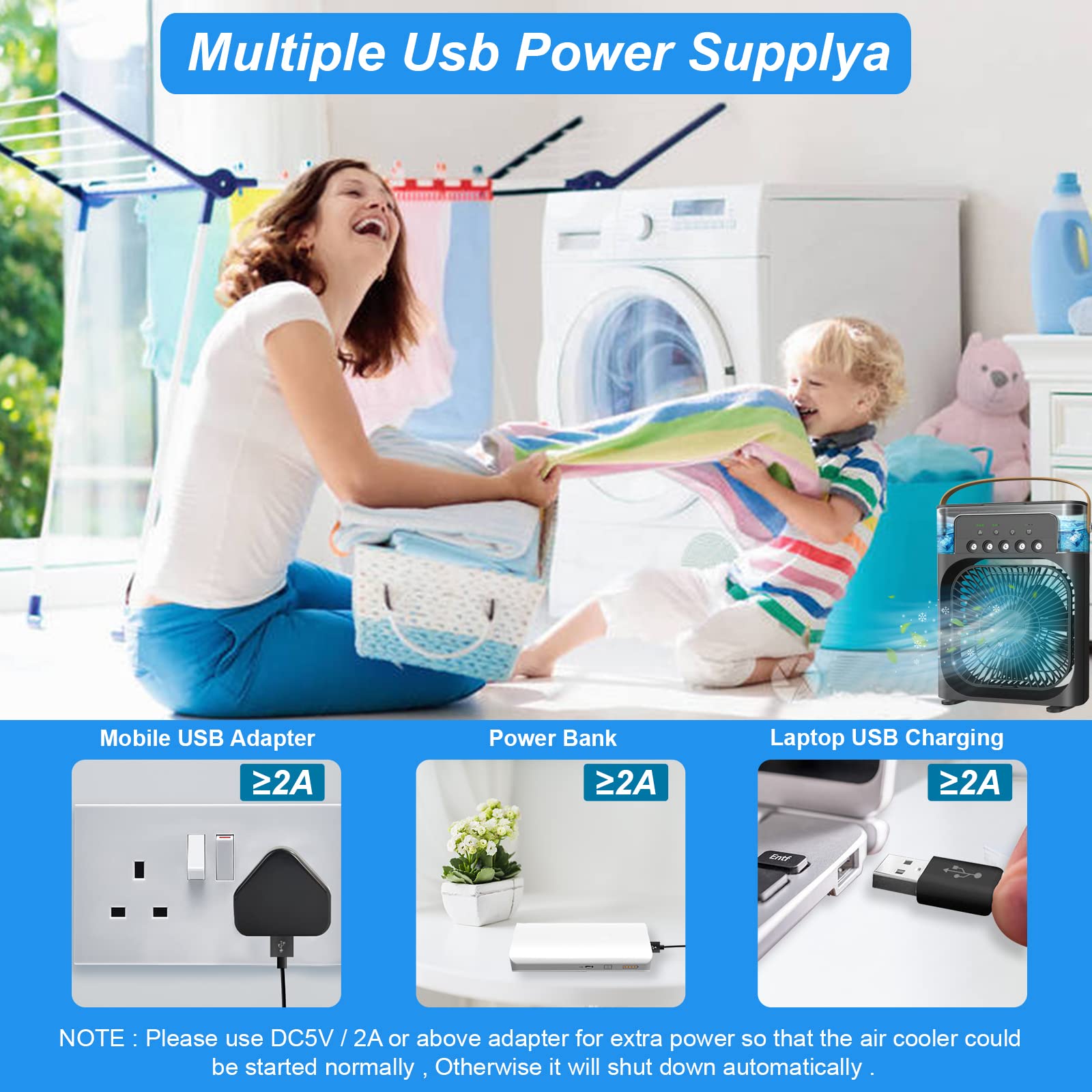 Portable Air Conditioner,Personal Air Cooler Small Quiet Evaporative with AC Adapter,Mini Humidifier Misting Fan, 1/2/3 H Timer, 3 Speeds,60°Adjustment for Office, Home, Room,Dorm,Outdoor - Black
