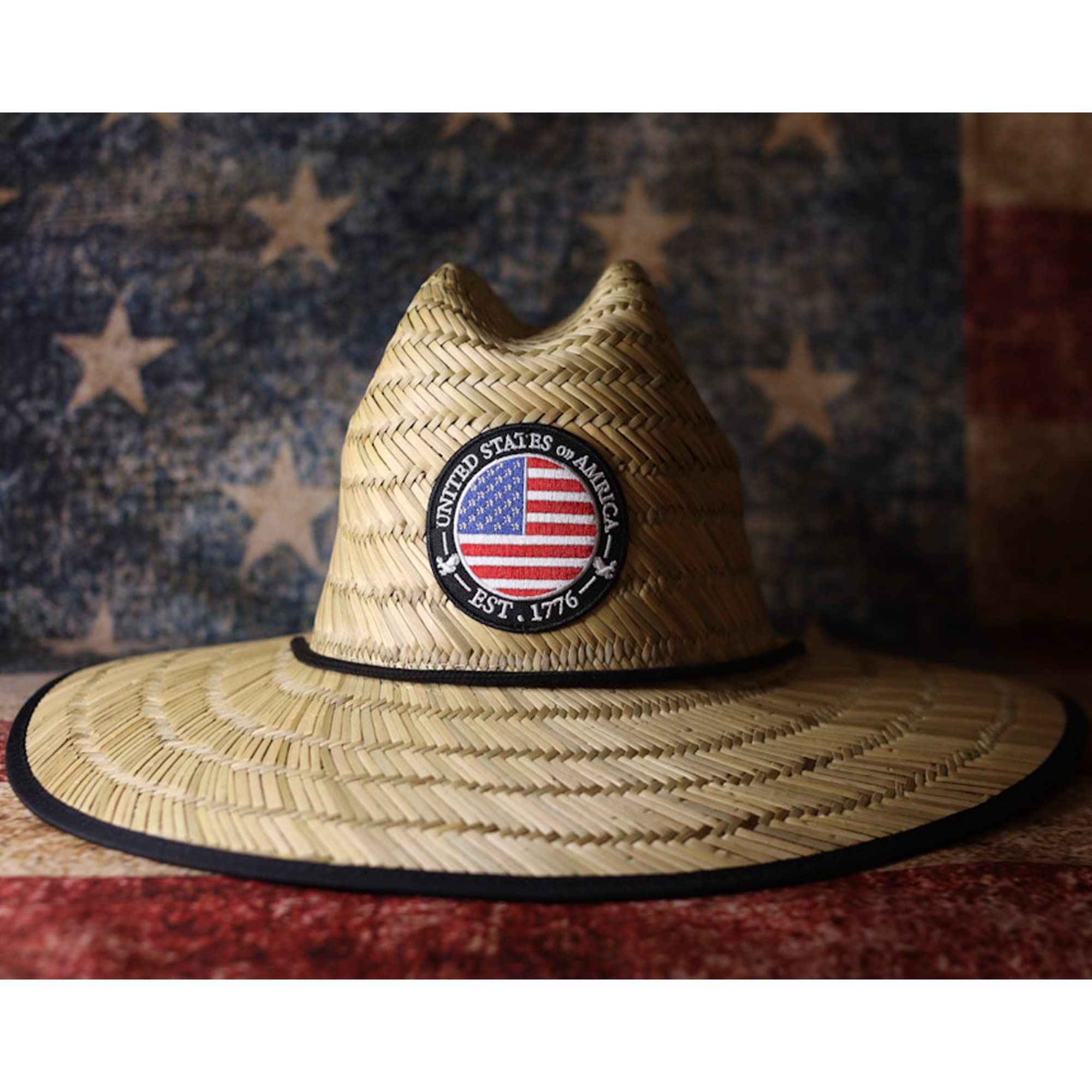Pesky Patriot American Flag Straw Sun Hat - 100% Natural Round Straw Hat for Sun Protection, Unisex Enjoyment, Premium-Quality Material