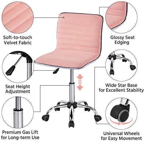Yaheetech 2PCS Low Back Velvet Chairs Swivel Armless Desk Chair Ribbed Task Chair w/Lumbar Support, Wheels Apricot Pink