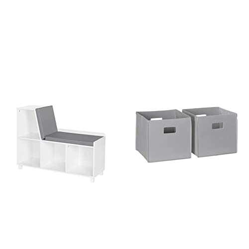 RiverRidge Book Nook Collection Kids Cubbies Storage Bench, White & 2 Pc Storage Set in Gray Folding Bin, 2 Count