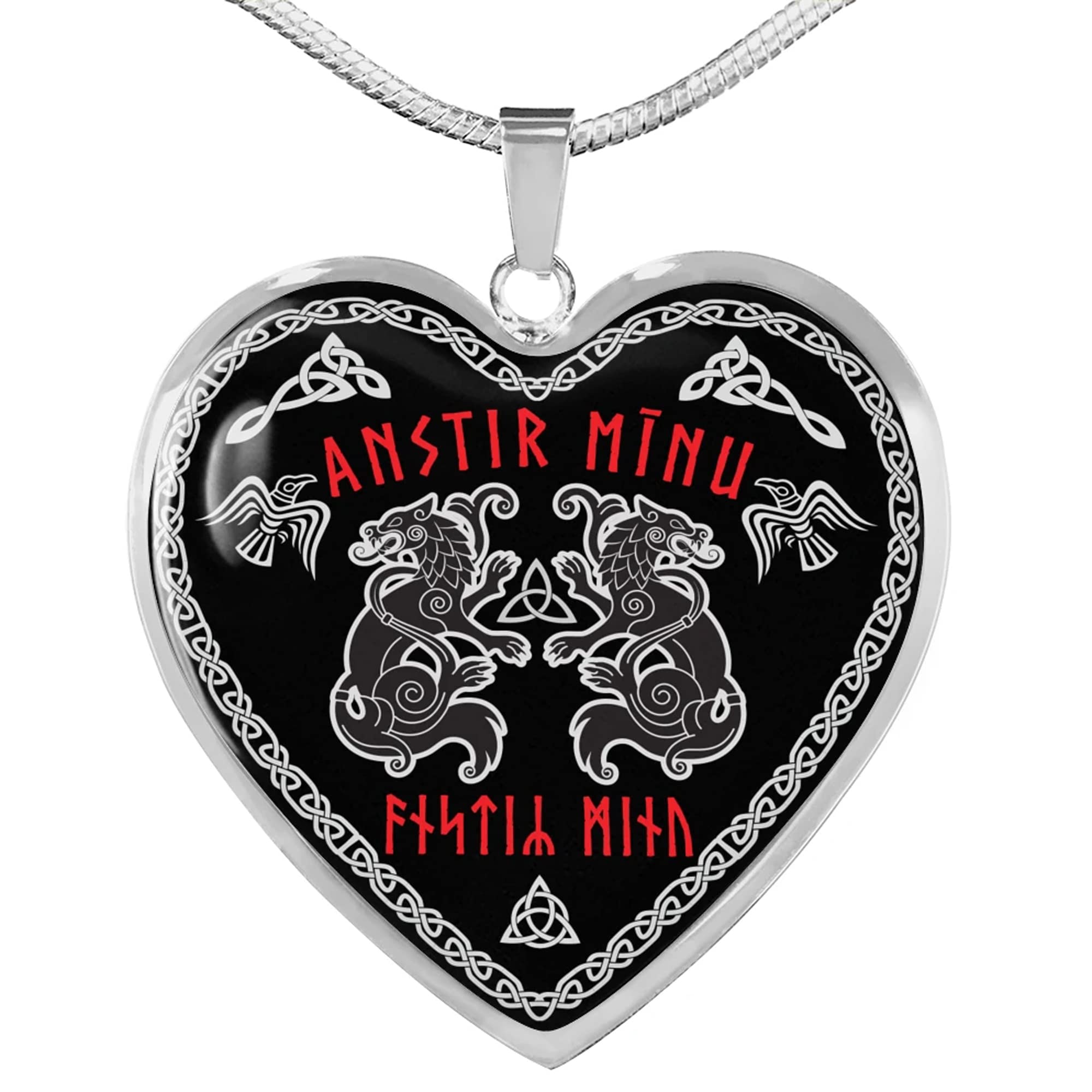 My Love Nordic Elder Viking Runes Wolf Necklace Norse Pagan Wolves Pendant Gift (18k Gold Finish + engraving)