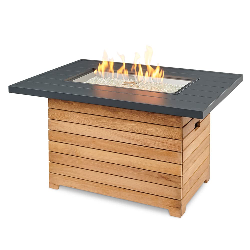 Outdoor GreatRoom Co Propane Fire Pit Table - Darien Gas Fire Pits for Outside Patio - 44 Inch Rectangular Everblend Concrete Firepit Fire Table, Wood Base, Glass Tabletop Cover, 55,000 BTU - Black