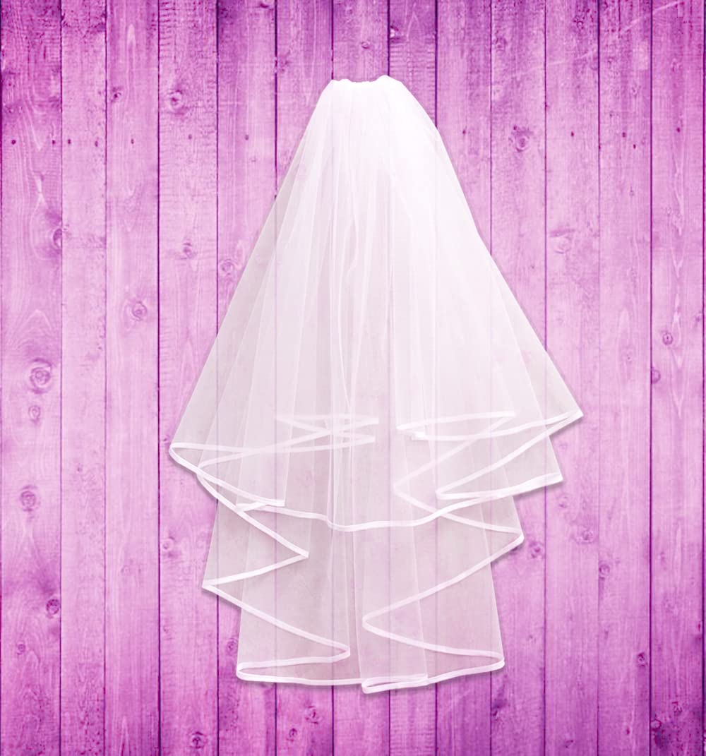 KUNG FU PARTY Bachelorette White Double Ribbon Edge Center Cascade Bridal Wedding Veil with Comb& Bride to Be Satin Sash (White Veil+White Sash)