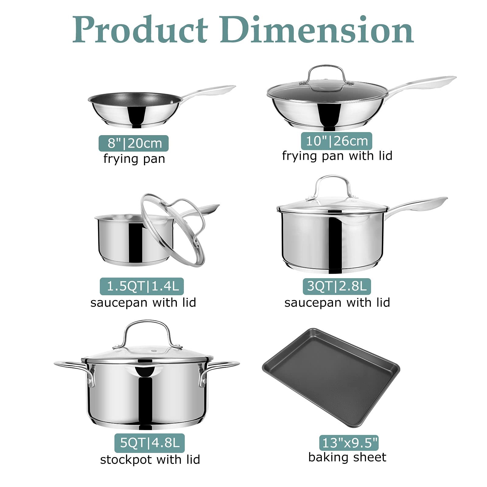 Mobuta 12 Piece Stainless Steel Professional Kitchen Cookware Set, Induction Pots and Pans Set with Tri-Ply Base,Glass Lids and Riveted Handles,Dishwasher & Oven Safe