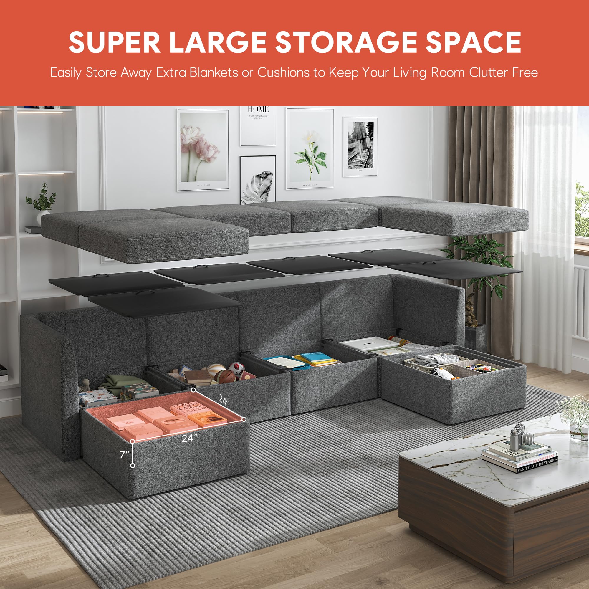 VOLUNCE Modular Sectional Sofa, Convertible U Shaped Couch with Storage Ottoman Throw Pillow, 4 Seat Sofa Set with Double Reversible Chaises, Sectional Sleeper Sofa Bed for Living Room, Beige