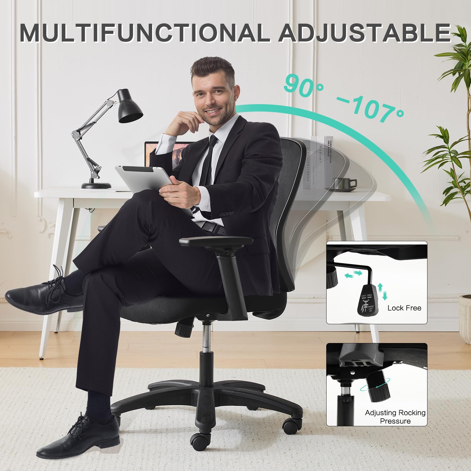 YFO Big and Tall Office Chair 500LBS - Desk Chair with Adjustable Lumbar Support, Heavy Duty Ergonomic Mesh Computer Chair with 360 Rotation 4D Arm and Extra Wide Comfty Seat, Quiet Wheels for Adults