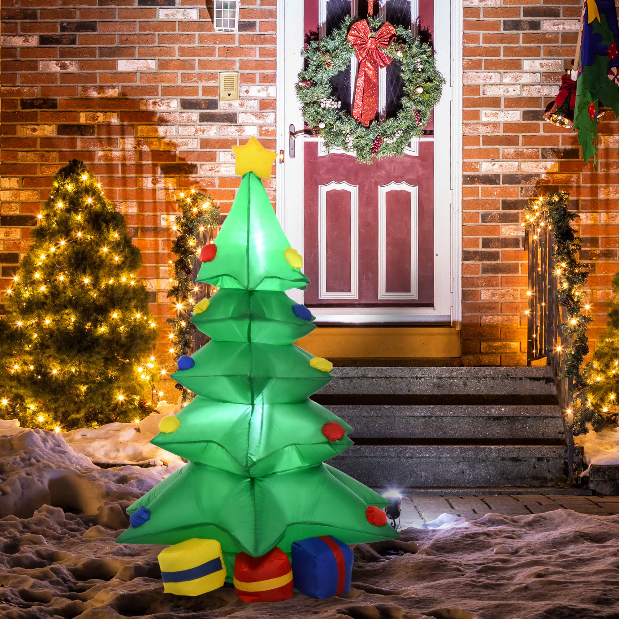 HOMCOM 4ft Christmas Inflatable Christmas Tree with Presents, Outdoor Blow-Up Yard Decoration with LED Lights Display