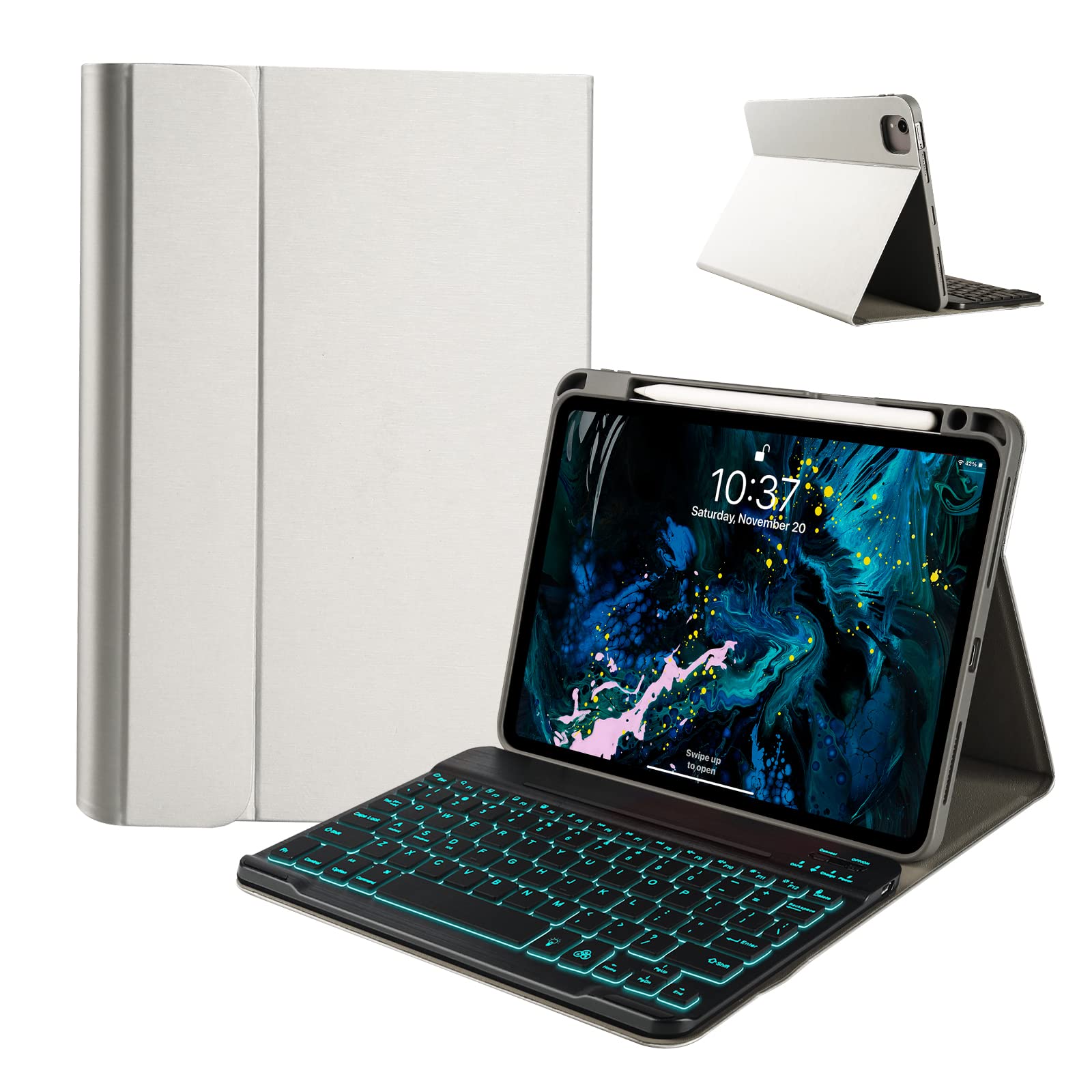 Keyboard Case for 11 Inch iPad Pro 3rd Gen 2021 / 2nd 2020 & iPad Air 4th Generation 10.9 Inch, Detachable Wireless BT Keyboard 7 Color Backlit, Tablet Cover with Pencil Holder - Silver