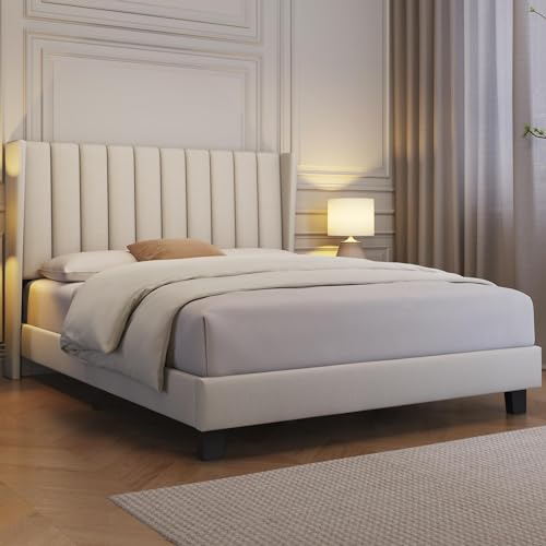 Yaheetech Full Bed Frame Upholstered Platform Bed with Fabric Headboard, Wing Edge Design/Non-Slip and Noise-Free/Wooden Slats Support/No Box Spring Needed/Easy Assembly, Beige Full Bed