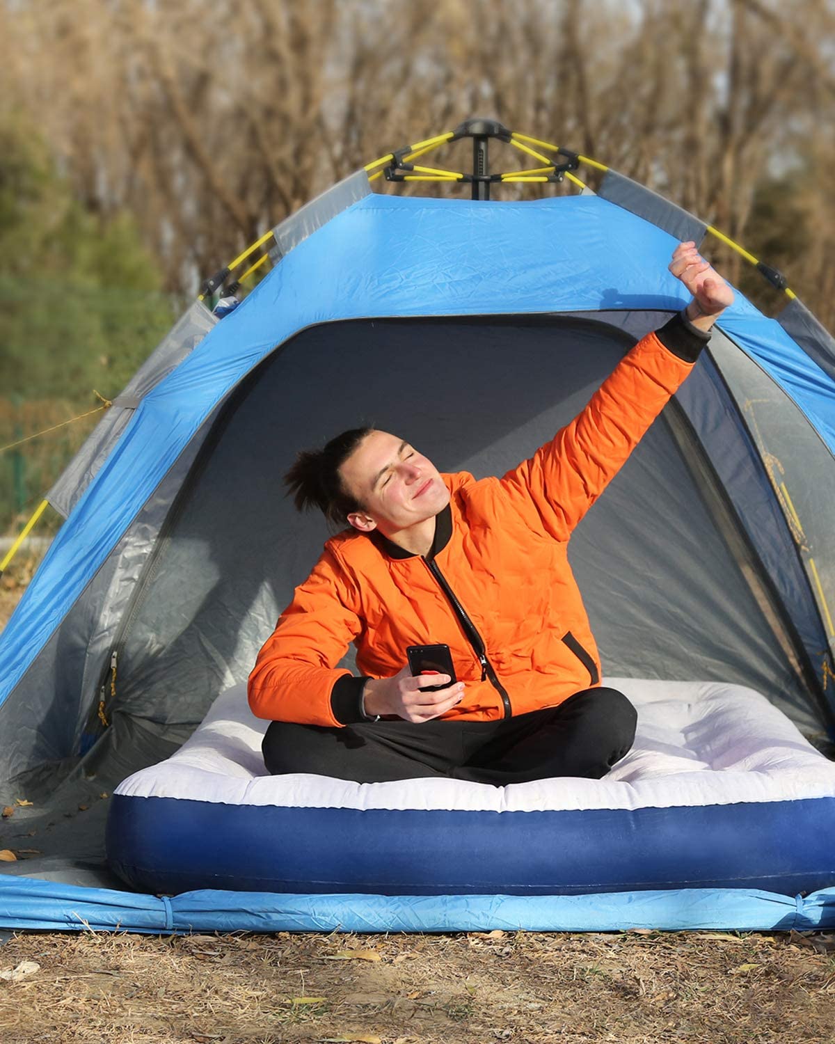 KingCamp Sleeping Pad Premium Luxury Classic Comfort Airbed Coil-Beam Technology Mattress with Built-in Foam Pump and Stuff Bag for Outdoor and Indoor, Twin Size, Navy