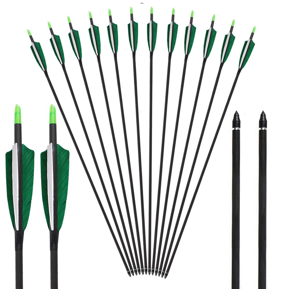 Huntingdoor Pure Carbon Arrows 31inch 400spine Archery Arrows Feather Fletching Screw-in Field Points Targeting Arrows for Compound Bow Recurve Bow 6/12 Pack