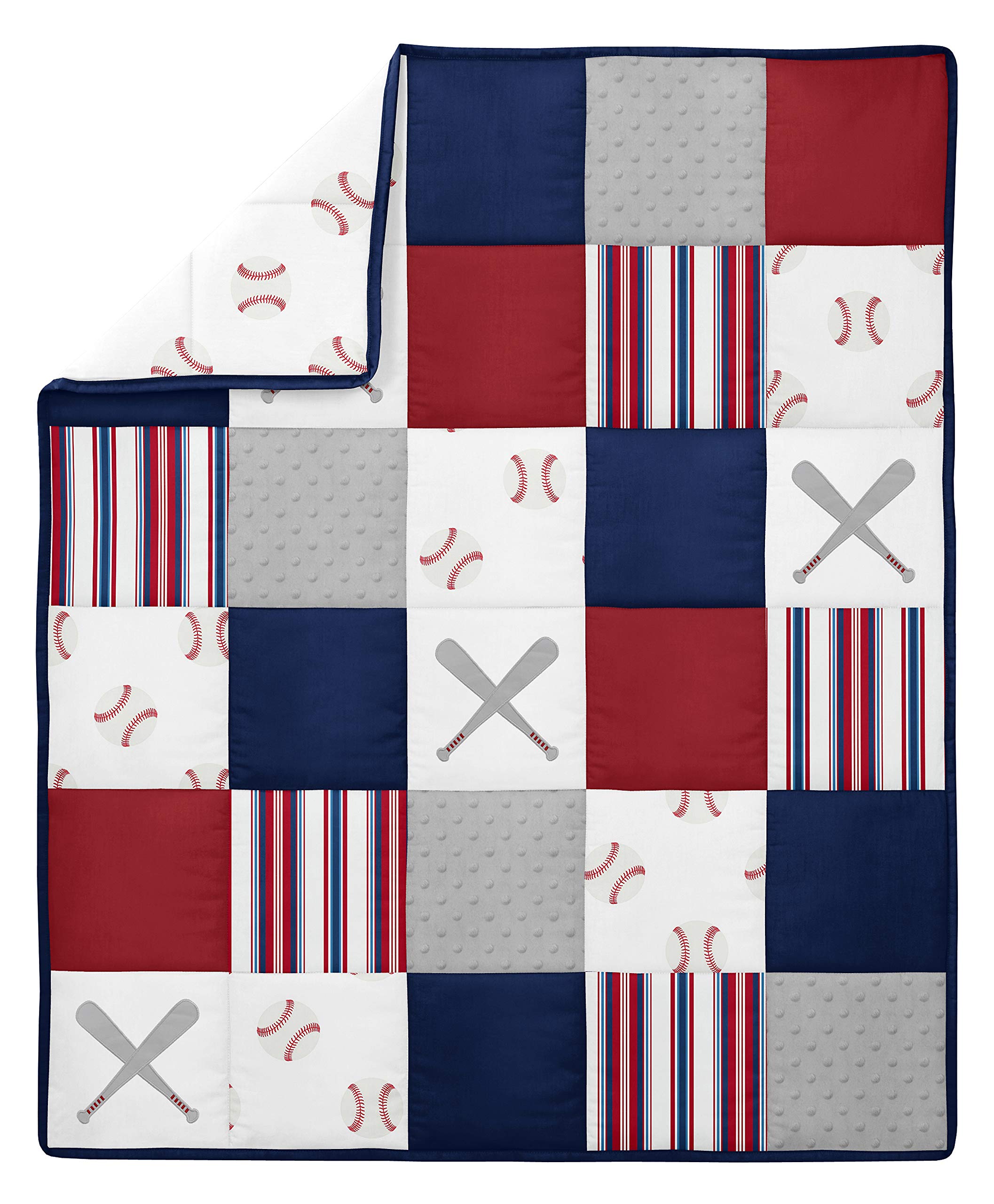 Sweet Jojo Designs Red White Baseball Patch Sports Boy Baby Crib Bedding Set for Infant Nursery Room Quilt, Fitted Sheet, Skirt, Diaper Stacker - 5pc - Americana Grey Patchwork Stripe