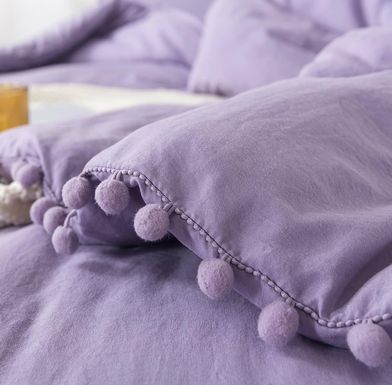 TanNicoor Pom Fringe Duvet Cover Set - 3 Piece Natural Ultra SOFE Color Washed Microfiber Bedding Set, Modern Style Down Comforter Quilt Cover with Zipper Closure(Queen, Lavender Purple)