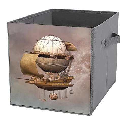 Vintage Steampunk Airship Collapsible Storage Bins Basics Folding Fabric Storage Cubes Organizer Boxes with Handles