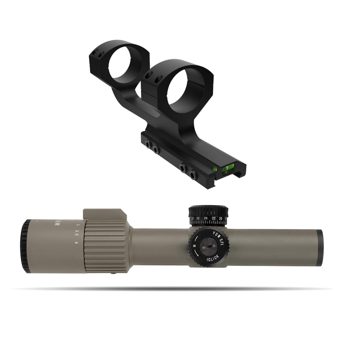 Monstrum Alpha Series 1-4x24 FFP Rifle Scope | Flat Dark Earth | Moonstrum Offset Scope Mount with Integrated Level Bubble | Bundle
