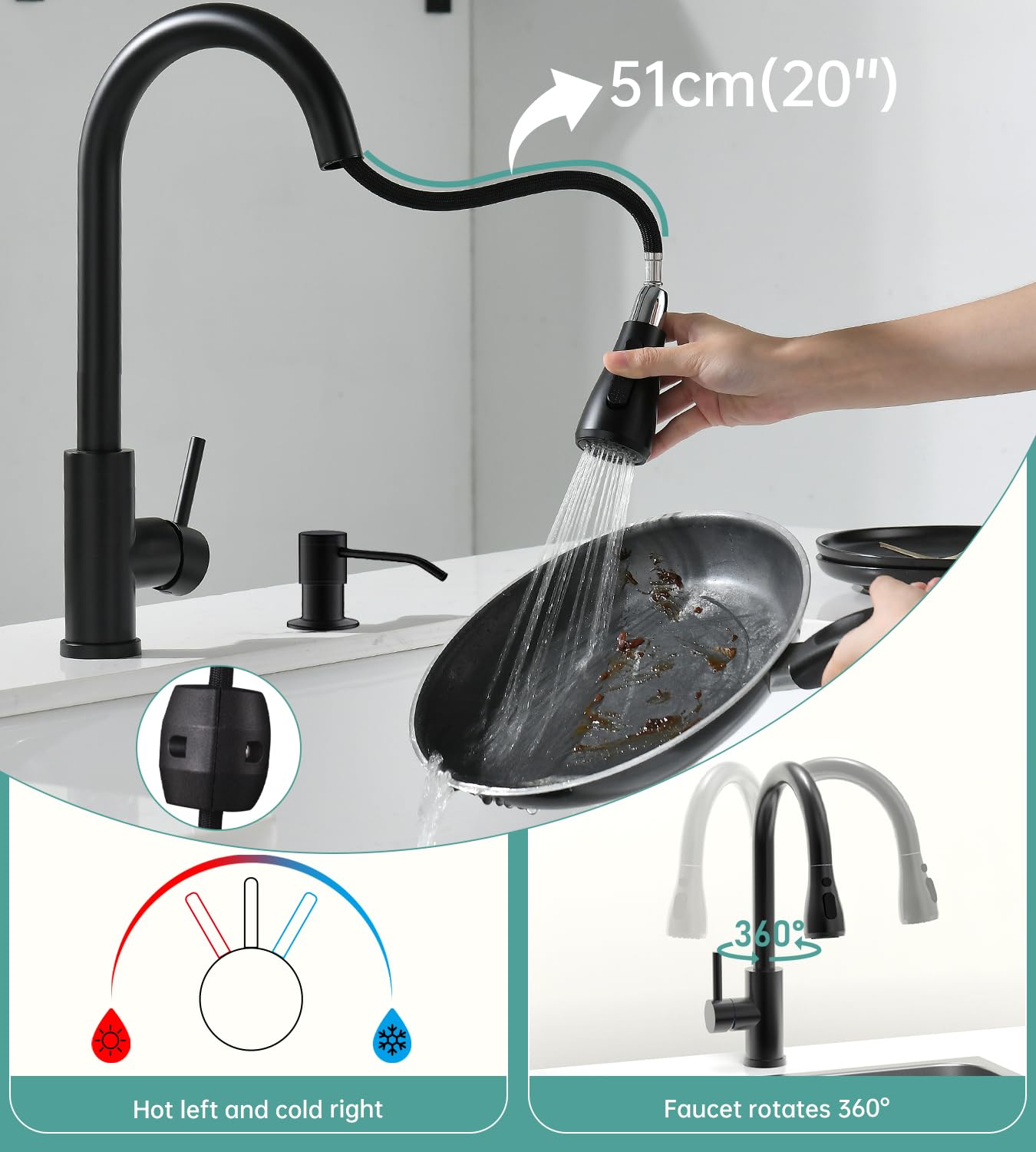 Matte Black Kitchen Faucet with Pull Down Sprayer and Soap Dispenser, DAYONE Single Handle High Arc Stainless Steel Kitchen Faucet Tap, with Escutcheon & 3 Functions, DAY-APS257MB