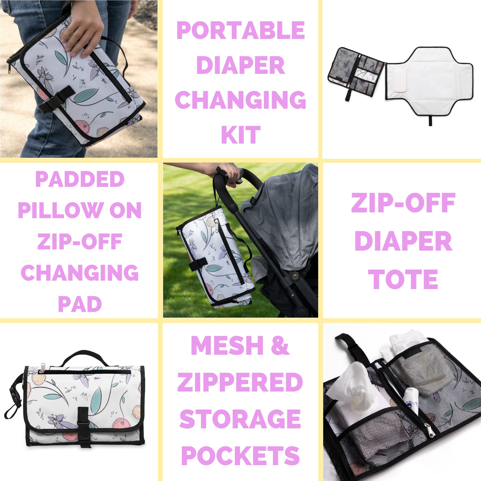 JumpOff Jo β Portable Changing Pad / Diaper Bag with Padded Changing Station, Easy Travel Changing Pad, Includes Handy Storage Pockets for Baby Necessities β Fairy Blossom