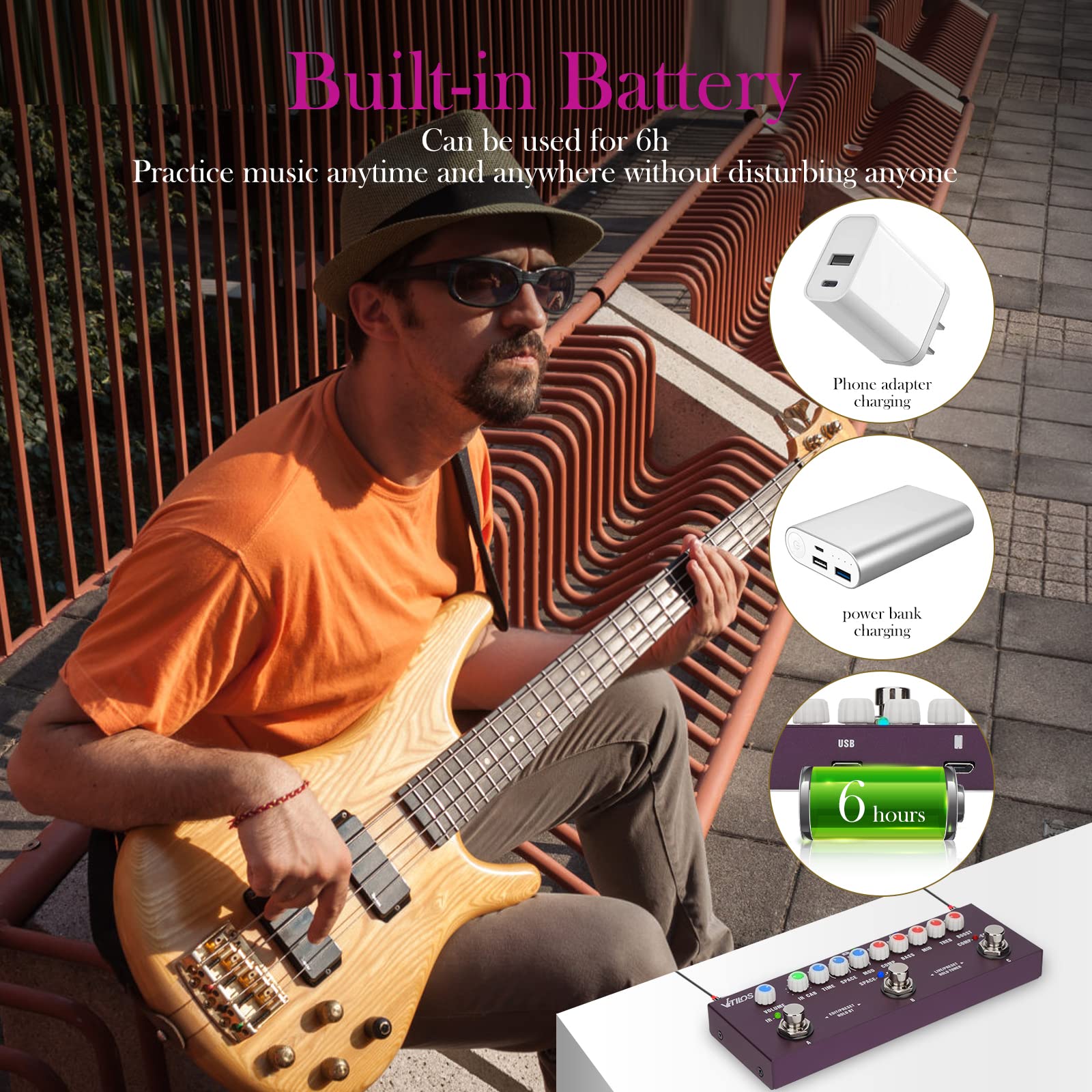 Pro Multi Electric Bass Effect Pedal,8 Classic Bass IR Cabinet Simulations, Real Time Function, 3 Sets Of Timbres, Chorus Phaser Delay and Reverb effect Pedal, BT Wireless Recording