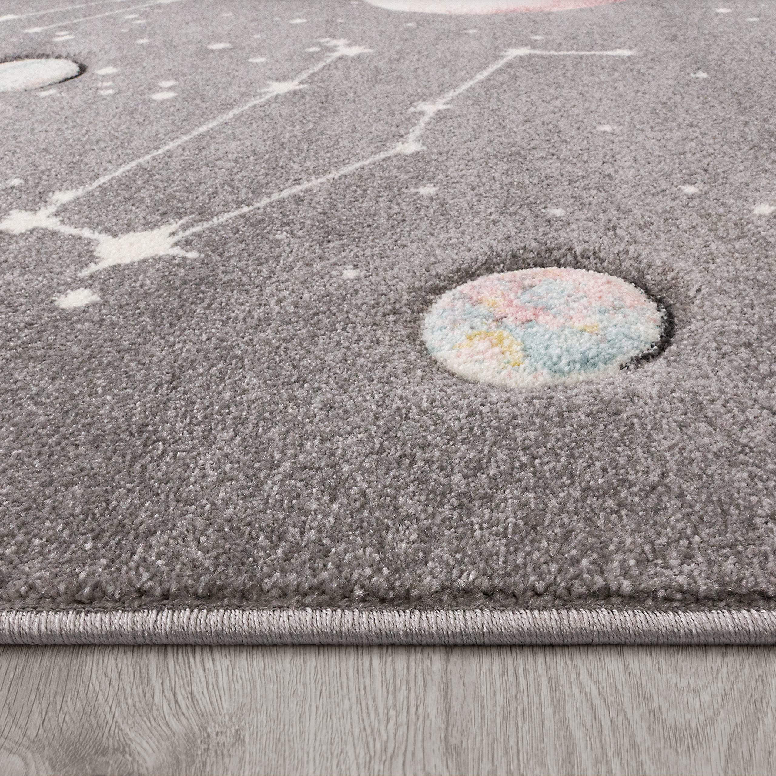 Kids Rug Play Rug Space Area Galaxy for Children“s Room Planets and Stars in Grey, Size:5'3" x 7'7"
