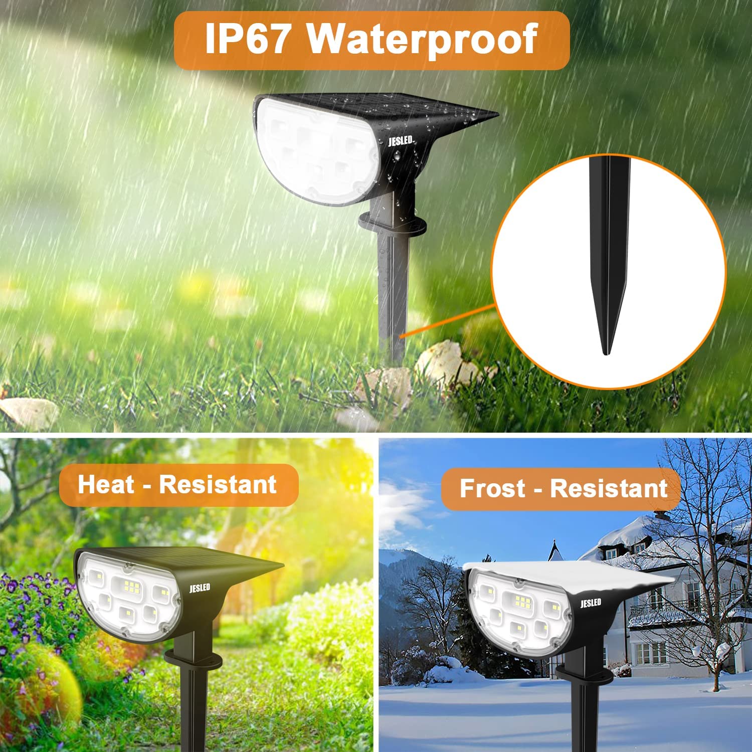 JESLED Solar Outdoor Lights, Solar Spot Lights Outdoor Waterproof IP67, 2 Modes(All Night Lighting) 2-in-1 Landscape Lights 2 Pack